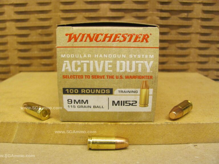 100 Round Box – 9mm Luger 115 Grain Flat Nose FMJ Ball Winchester M1152 ...